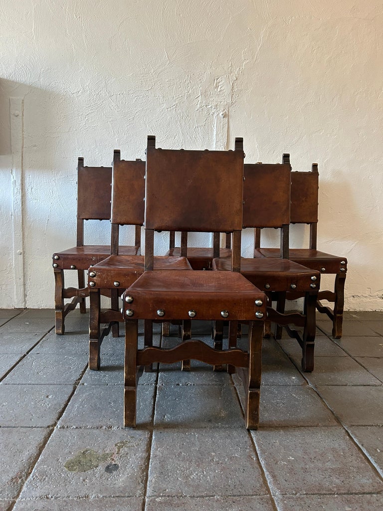 Set of 6 rustic Spanish sling chairs leather and Elm great patina For ...