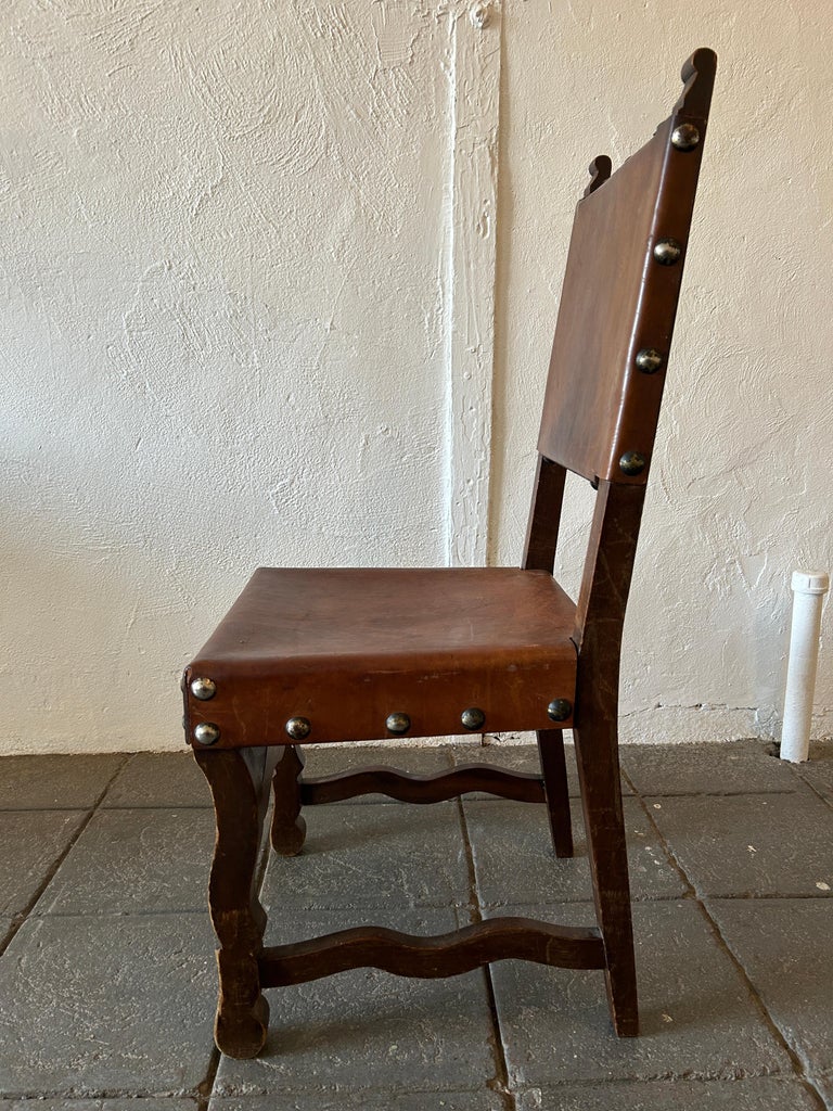 Set of 6 rustic Spanish sling chairs leather and Elm great patina For ...