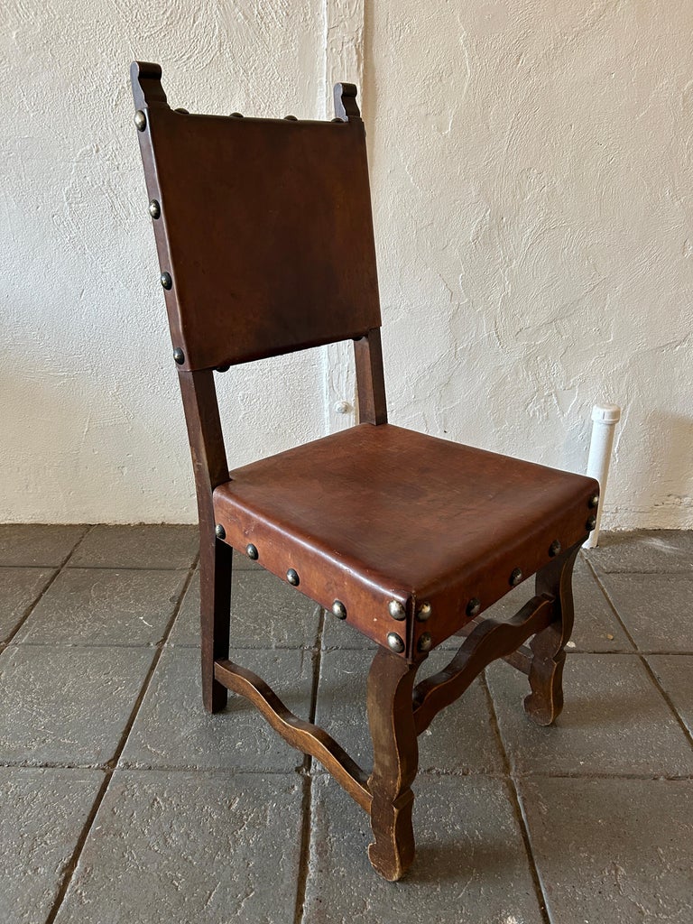 Set of 6 rustic Spanish sling chairs leather and Elm great patina For ...