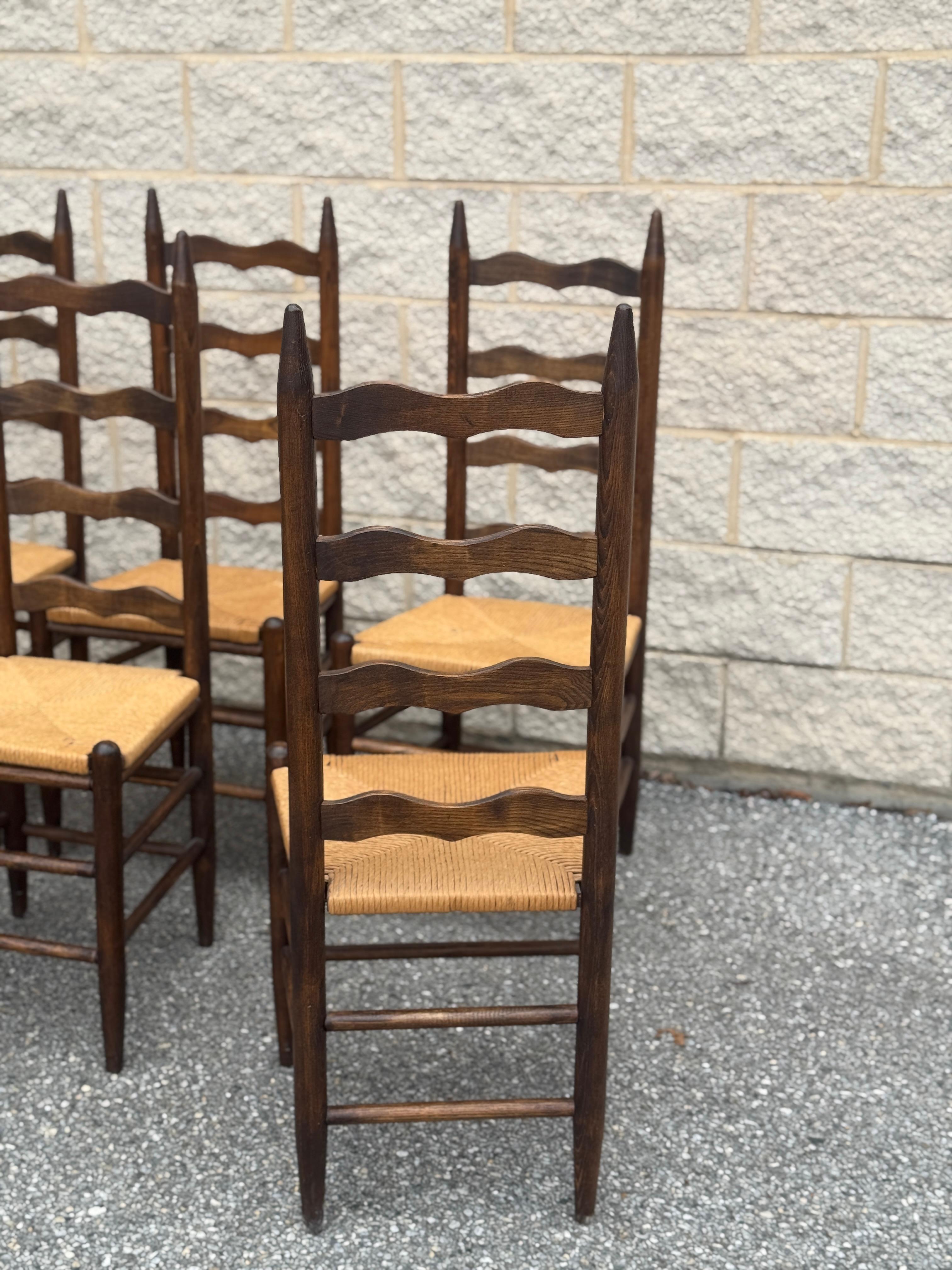 Set of 6 Rustic Vintage Walnut Ladder Back Rush Dining Chairs For Sale ...