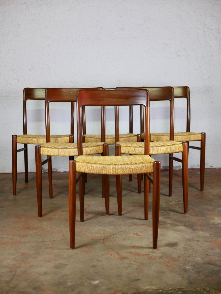Set of 6 Scandinavian Rope and Teak Chairs in the Style of Niels Otto ...