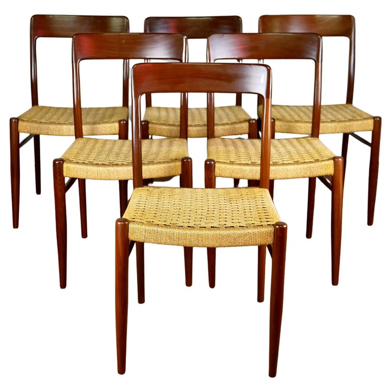 Set of 6 Scandinavian Rope and Teak Chairs in the Style of Niels Otto ...