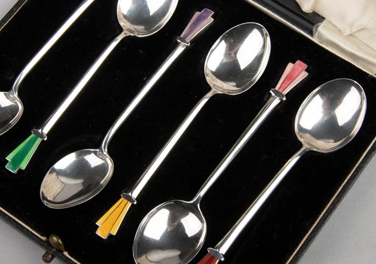 Set of 6 Sterling Silver Enameled Art Deco Teaspoons from Birmingham ...