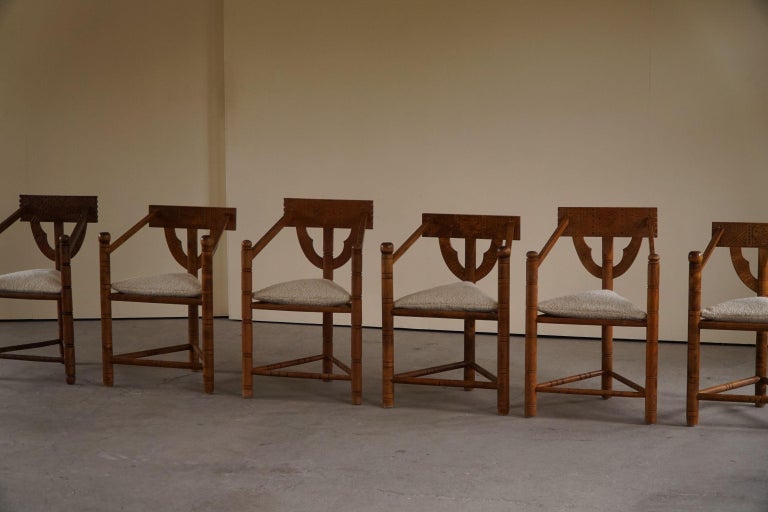 Set of 6 Swedish Monk Chairs with Bouclé Seats, Wabi Sabi, Early 20th ...