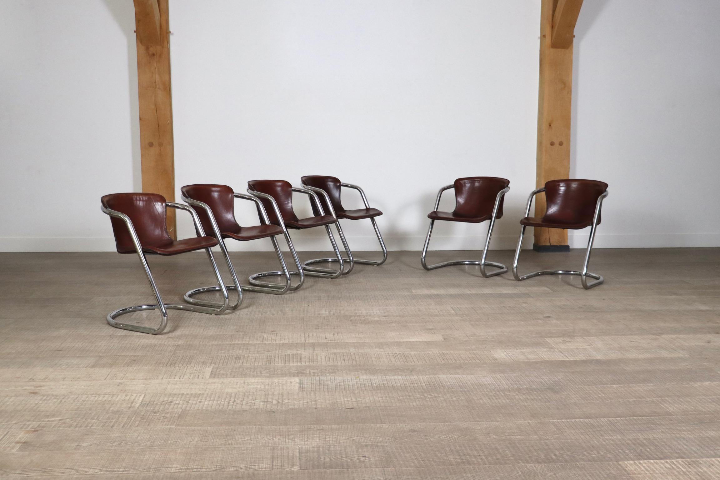 Set Of 6 Tubular Chrome And Saddle Leather Dining Chairs For Metaform ...