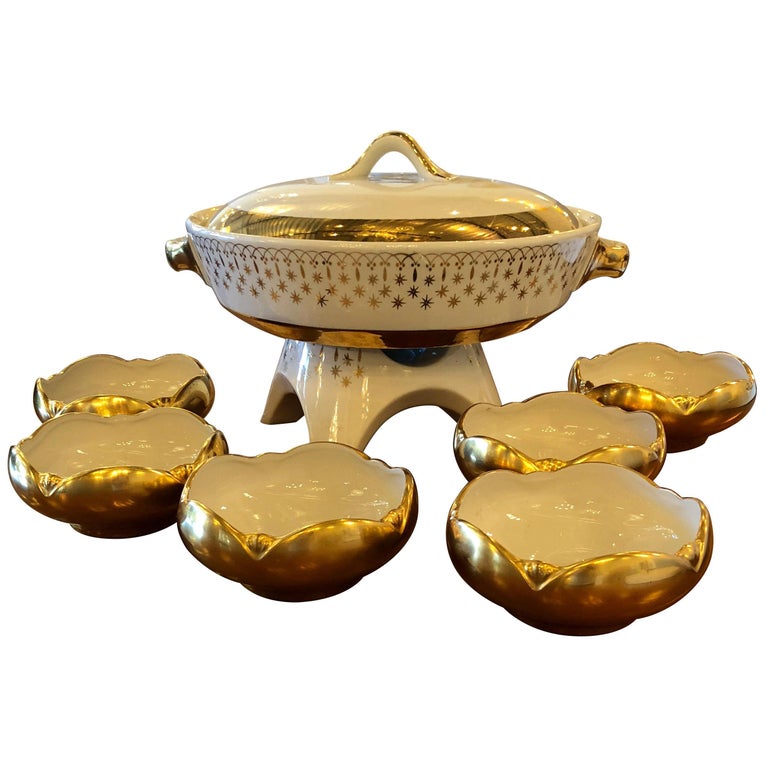 Set of 6 White and Gilt Porcelain Bowls and Coordinating Fondue ...