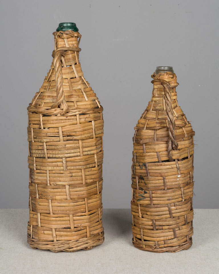 Set of 6 Wicker Wrapped Glass Bottles at 1stDibs