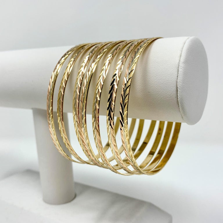 Set of 7 Tri-Tone 14 Karat Gold Diamond Cut Stacking Bangle Bracelets ...