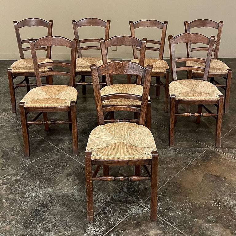 Set of 8 Antique Country French Rush Seat Dining Chairs For Sale at 1stDibs