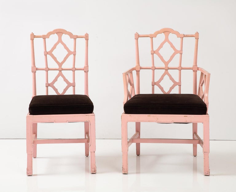 Set of 8 Chinese Chippendale Style Pink Painted Chairs For Sale at 1stDibs