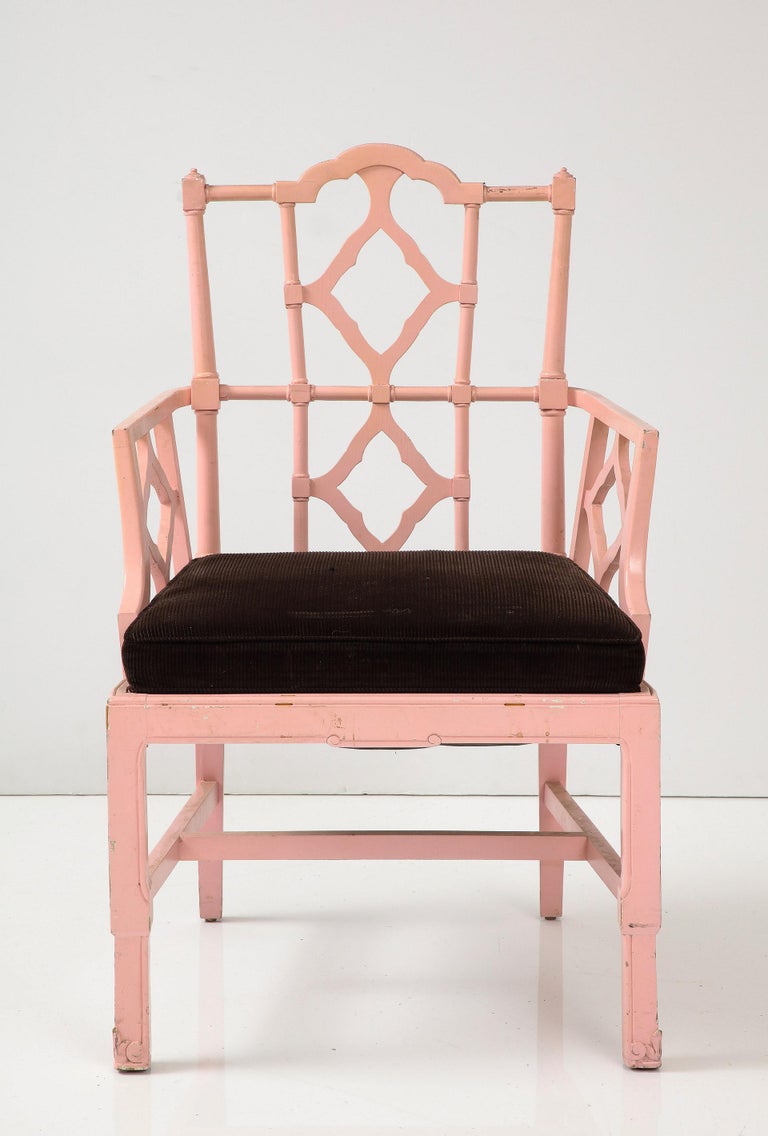 Set of 8 Chinese Chippendale Style Pink Painted Chairs For Sale at 1stDibs