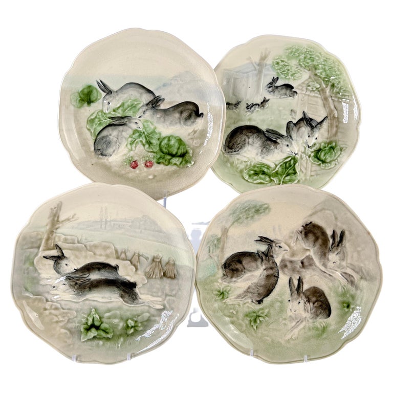 Set of 8 Choisy le Roi Majolica Bunny Plates w Moulded Relief Rabbits ...