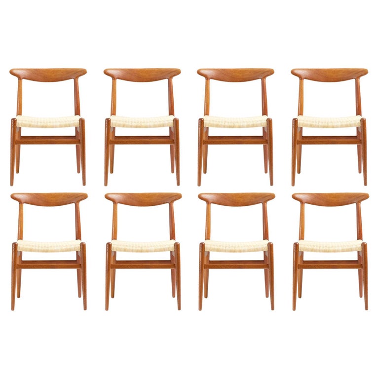 Set of 8 Hans Wegner W2 Oak and Rattan Dining Chairs For Sale at 1stDibs