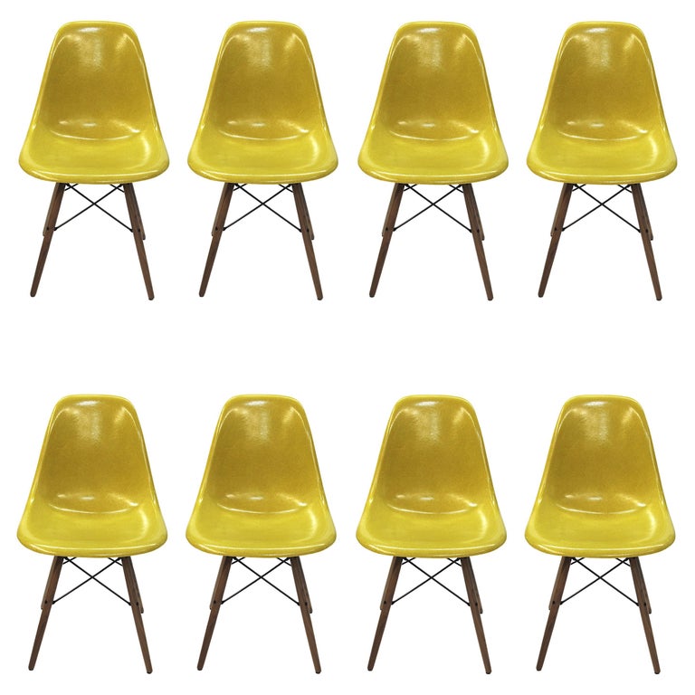 Set of 8 Mid Century Modern Mustard Yellow Dowel Base Eames Dining ...