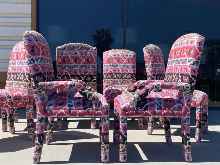 Set of 8 Pink and Black Bohemian Ikat Print Upholstered Dining Chairs ...
