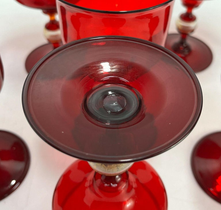Set of 8 Venetian Cranberry Red and Gold Fleck Art Glass Wine Goblets ...