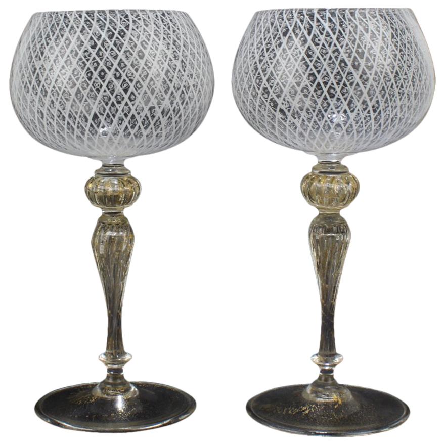 Set of 8 Venetian or Murano Glass Reticulo Filigrana Decorated Wine ...