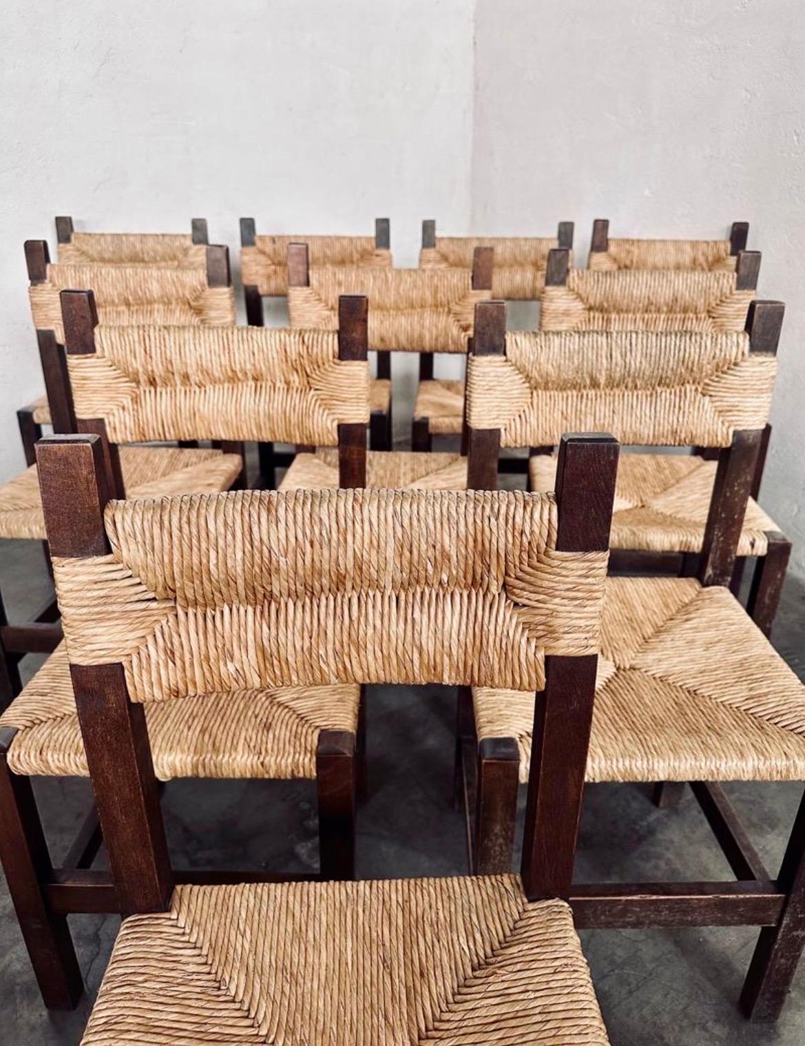 Set of 8 Vintage Charles Dudouyt Style French Country Rush Seat Dining ...