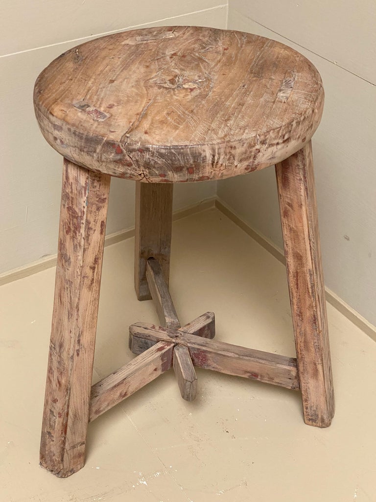 Set of 8 Vintage Elm Round Wooden Rustic Stools For Sale at 1stDibs