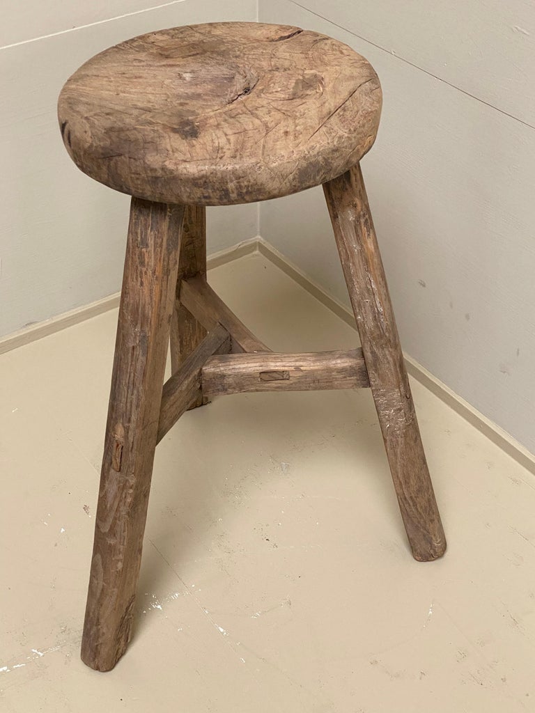 Set of 8 Vintage Elm Round Wooden Rustic Stools For Sale at 1stDibs