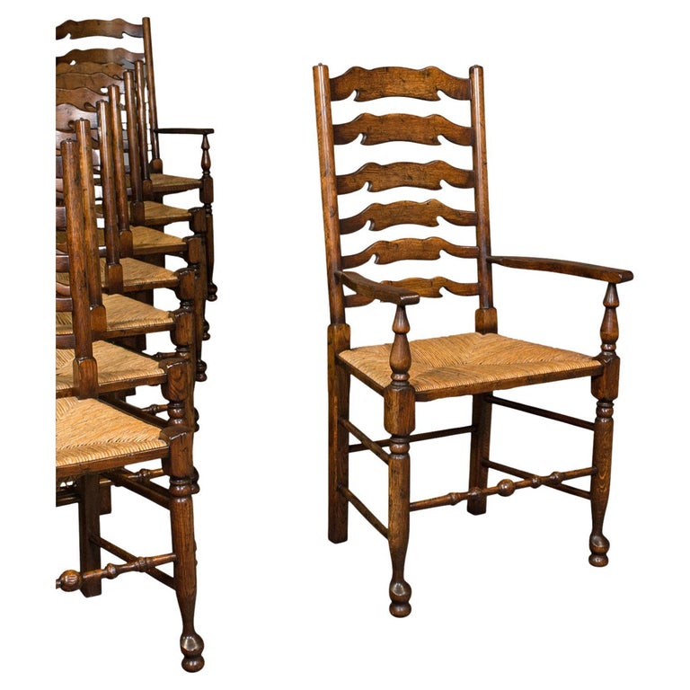 Set of 8 Vintage Lancashire Wavy Line Ladder Back Chairs, Oak, Georgian ...