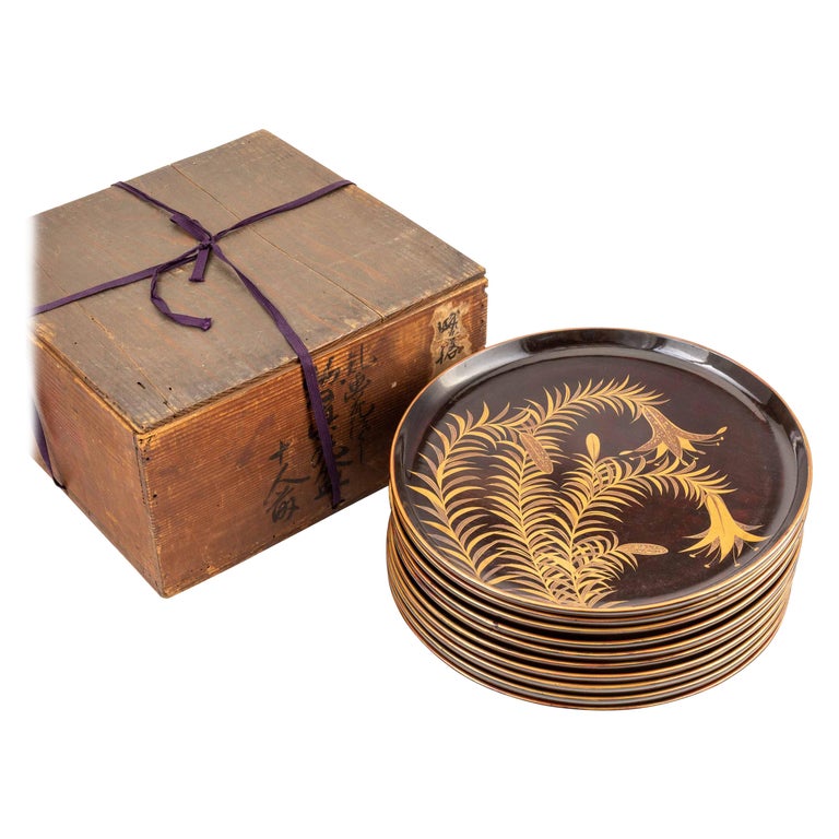 Set of 9 Antique Japanese Circular Lacquer Trays with Botanical Designs ...