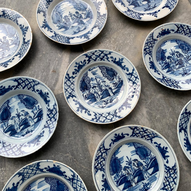 Set of 9 Dutch Delft Plates with Couples, 18th Century For Sale at 1stDibs