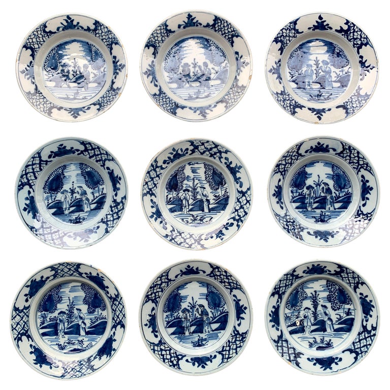 Set of 9 Dutch Delft Plates with Couples, 18th Century For Sale at 1stDibs