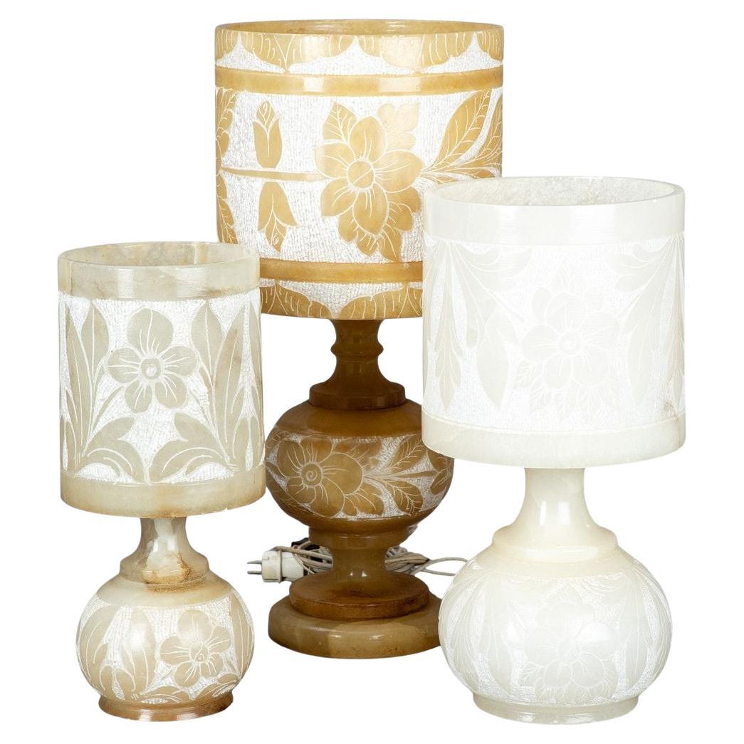 Set of Alabaster Table Lamps with Floral Decorations from the 1980s For ...