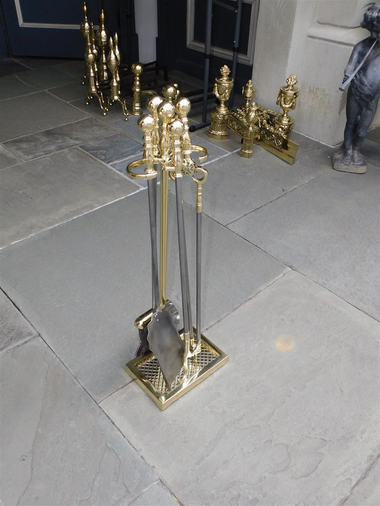 Set of American Brass and Polished Steel Fire Place Tools on Stand ...
