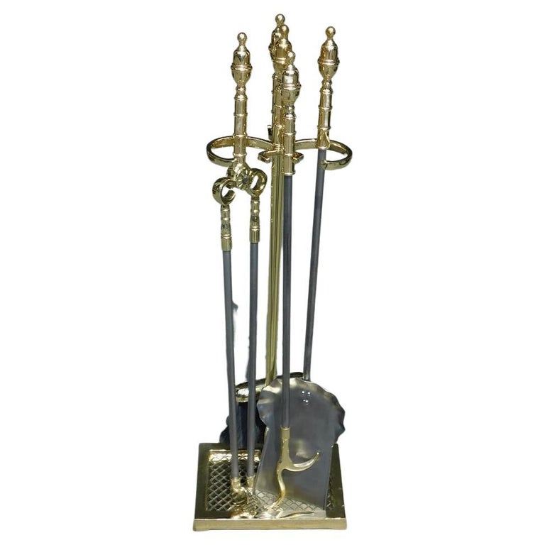 Set of American Brass and Polished Steel Fire Place Tools on Stand ...