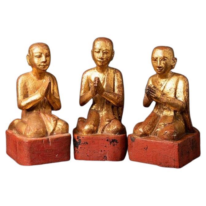 19th century set of 6 antique wooden Burmese Monk statues in Namaskara ...