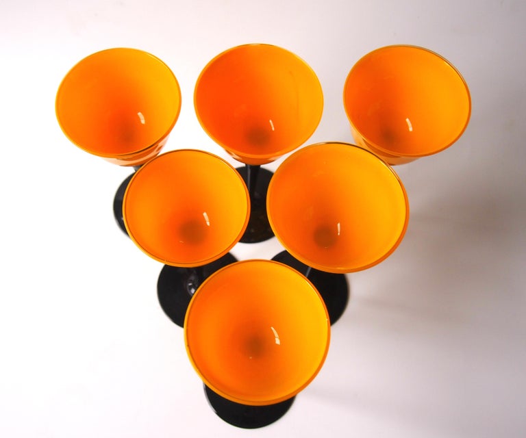 Set of Bohemian Art Deco Orange and Black 'Tango' Glasses by Harrach at ...