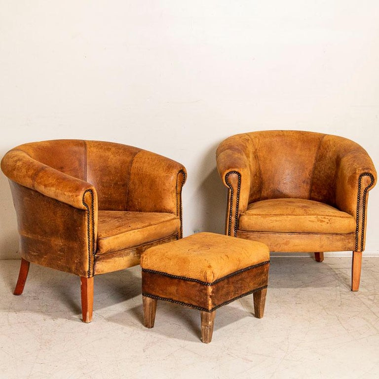 Set of Authentic Small Scale Vintage Leather Club Chairs with Matching ...