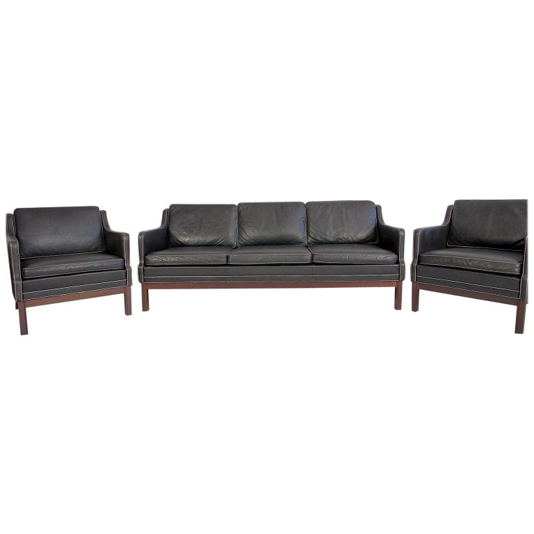 Set of Black Buffalo Leather Sofa and Two Armchairs For Sale at 1stDibs
