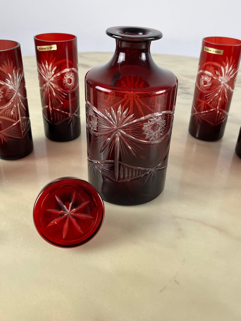 Set of Bottle and 6 Glasses in Colored and Hand-Engraved Crystal, Italy ...