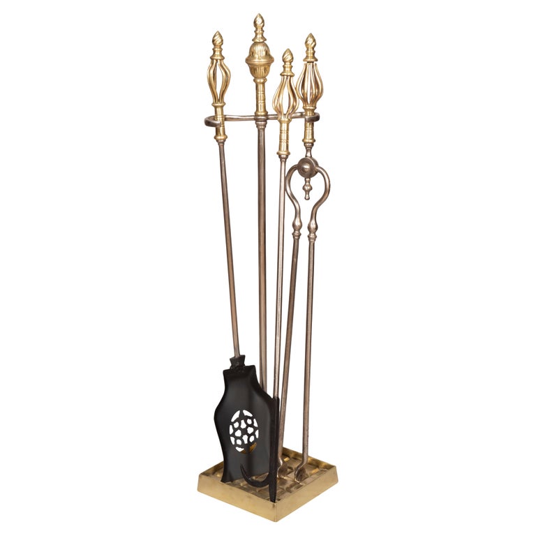 Set Of Brass And Iron Fire tools On Stand For Sale at 1stDibs
