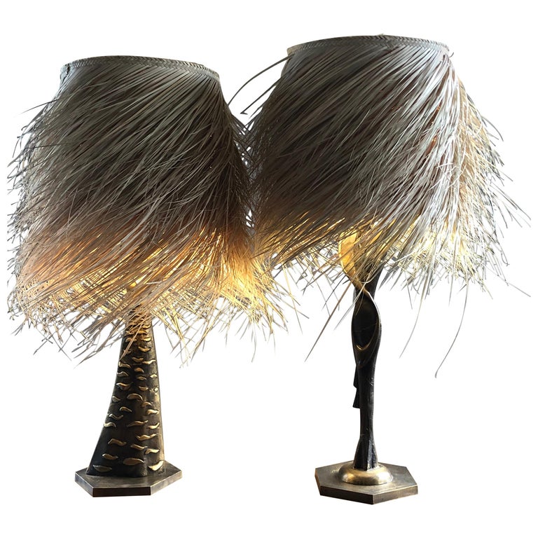 Set of Bronze Lamps Sculptures Ottaviani Palm Fiber Shade, 1990 For ...