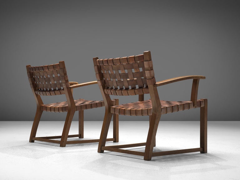 Set of Chairs with Cognac Leather Webbed Back and Seat For Sale at 1stDibs