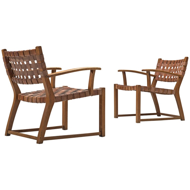 Set of Chairs with Cognac Leather Webbed Back and Seat For Sale at 1stDibs