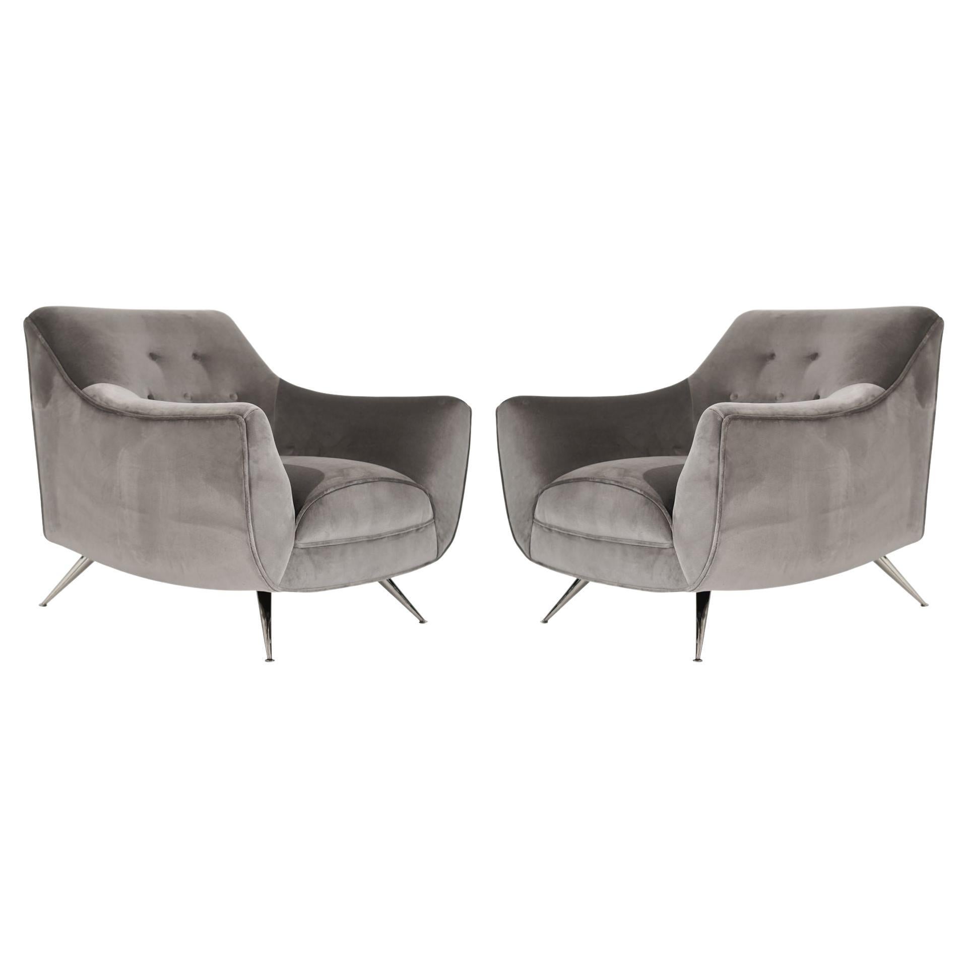 Pair of Lux Art Deco Club Chairs in Smoked Grey Velvet at 1stDibs