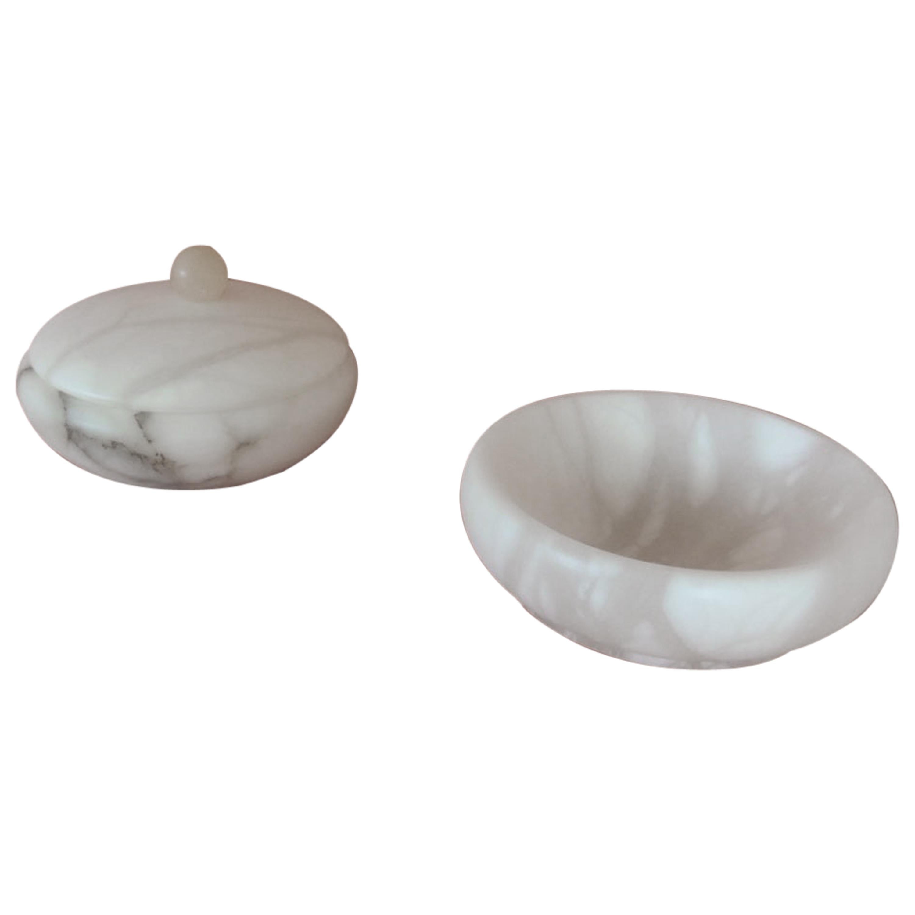 Set of Covered Box and Round Dish Italian Alabaster Decorative ...