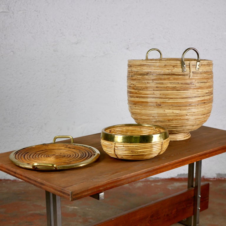 Set of Decorative Rattan and Brass Baskets and Trivet For Sale at 1stDibs