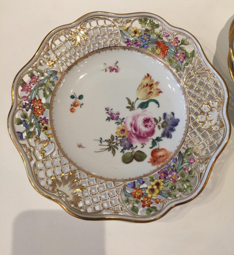 Set of Eight Dresden Limbach German Reticulated Hand Painted Floral ...