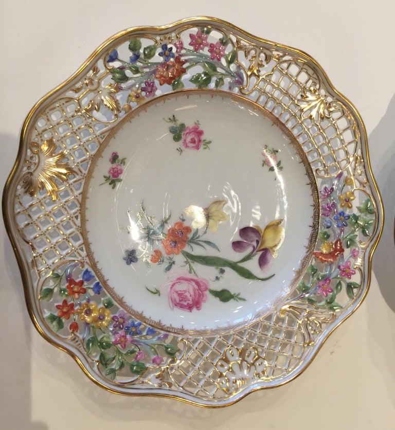 Set of Eight Dresden Limbach German Reticulated Hand Painted Floral ...