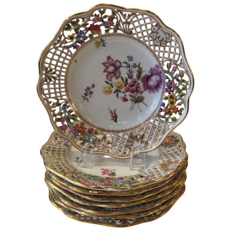 Set of Eight Dresden Limbach German Reticulated Hand Painted Floral ...