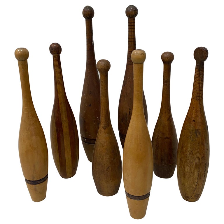 Set of Eight Early 20th Century Wooden Juggling Pins or Tossing Gym ...