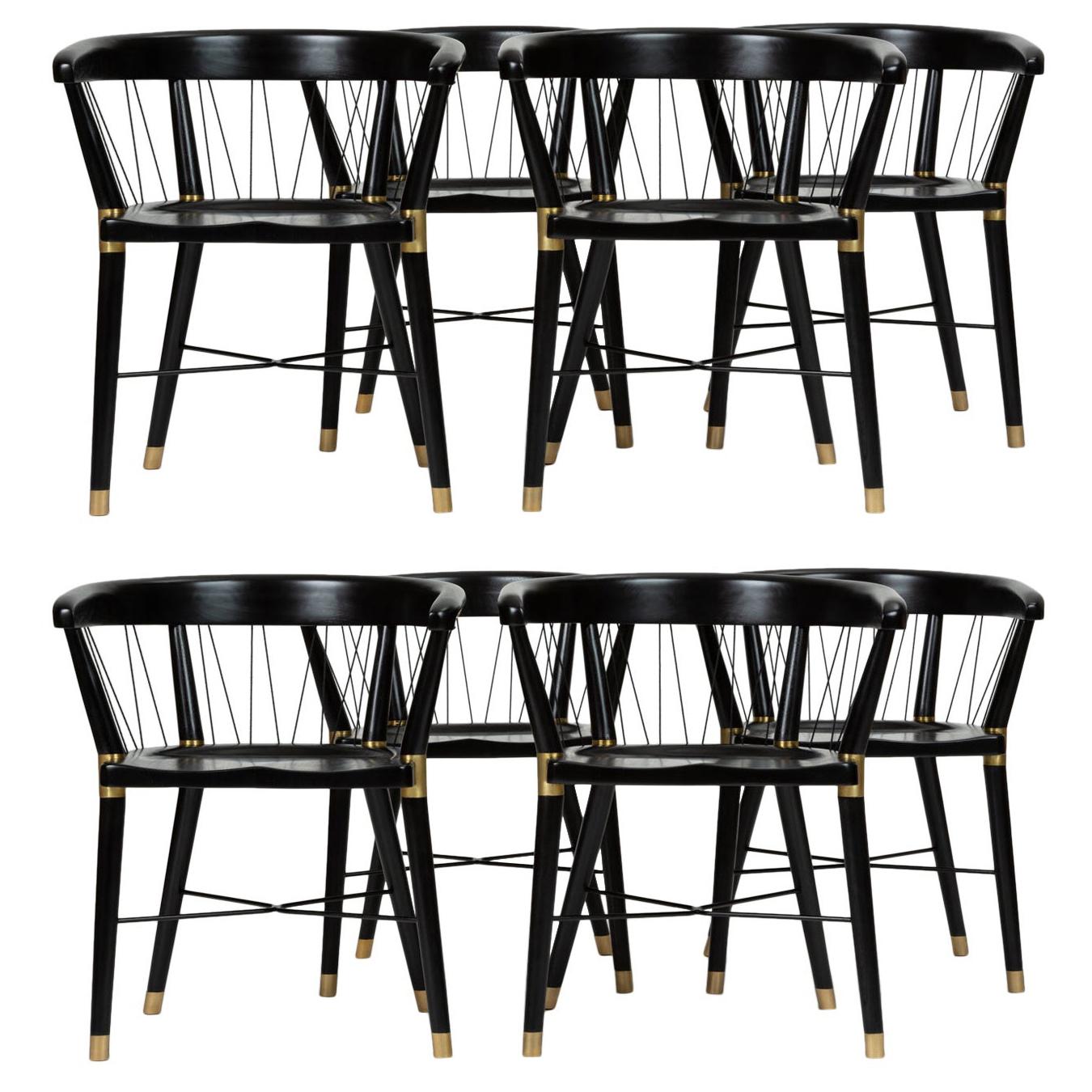 Set of Eight Ebonized Dining Chairs with String Detail at 1stDibs