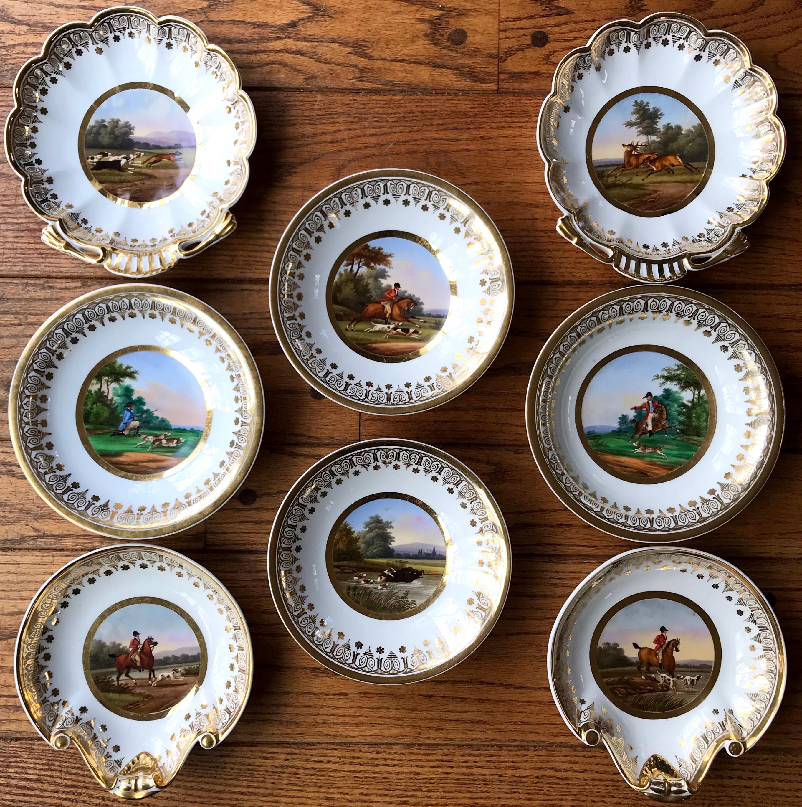 Set of Eight Empire Gilt Porcelain Hunting Plates For Sale at 1stDibs