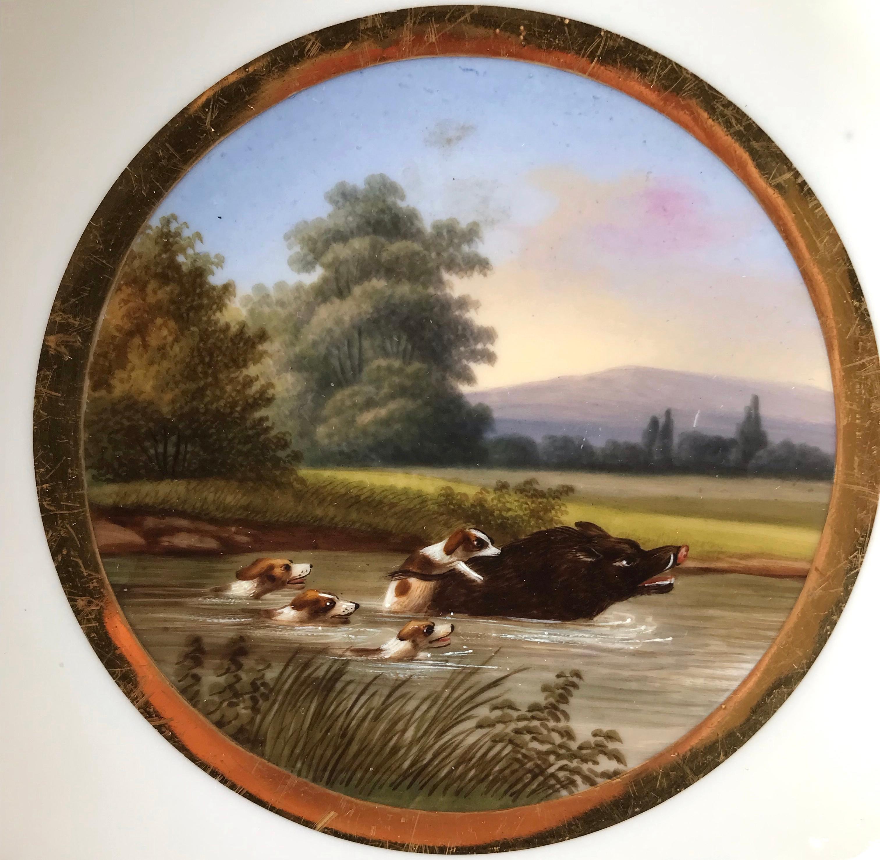 Set of Eight Empire Gilt Porcelain Hunting Plates For Sale at 1stDibs